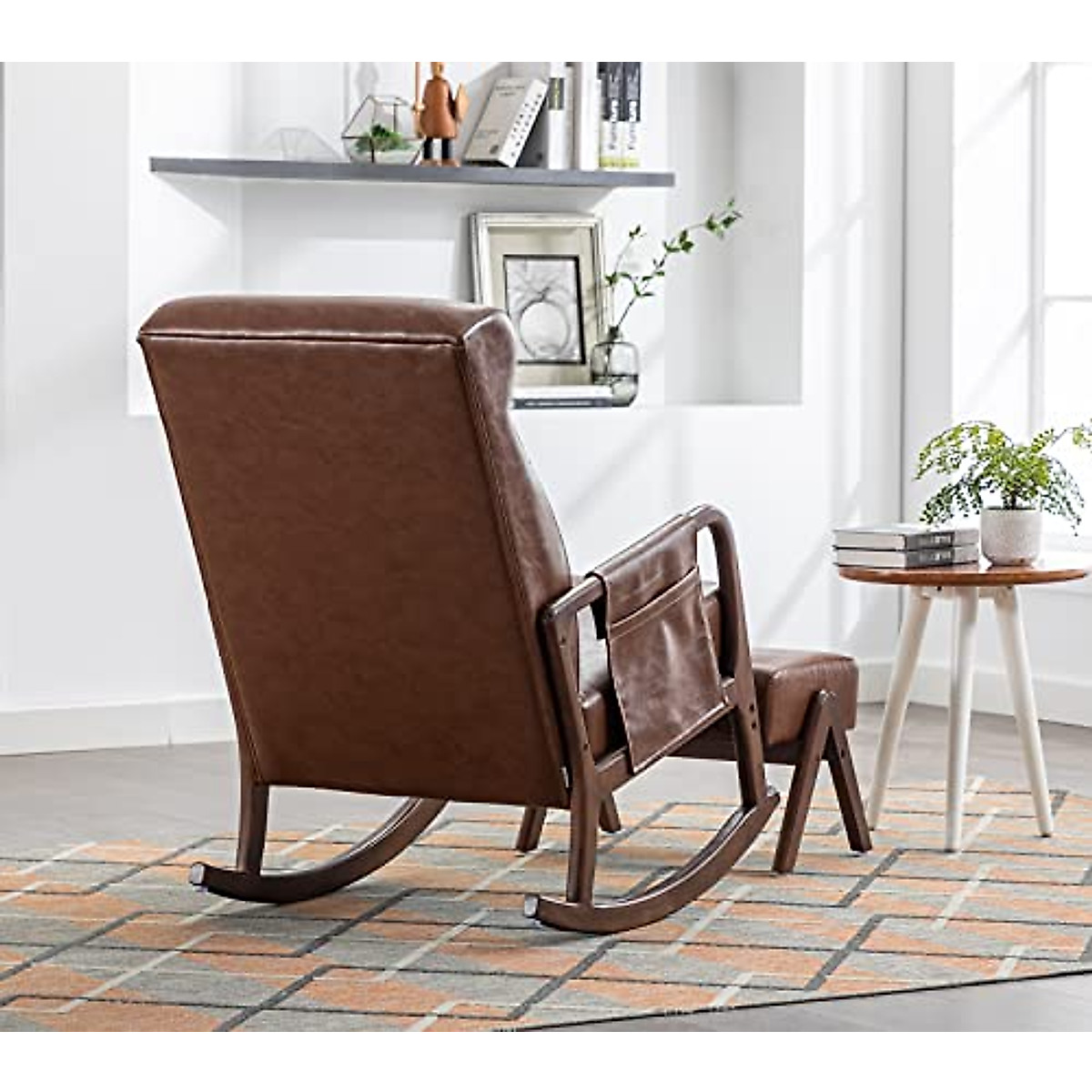 Kurhwyss Nursery Rocking Chair with Ottoman, Upholstered Rocker Chair with Arm Pocket, Modern Accent Glider Chair with Comfy High Back for Living Room Bedroom (Brown)