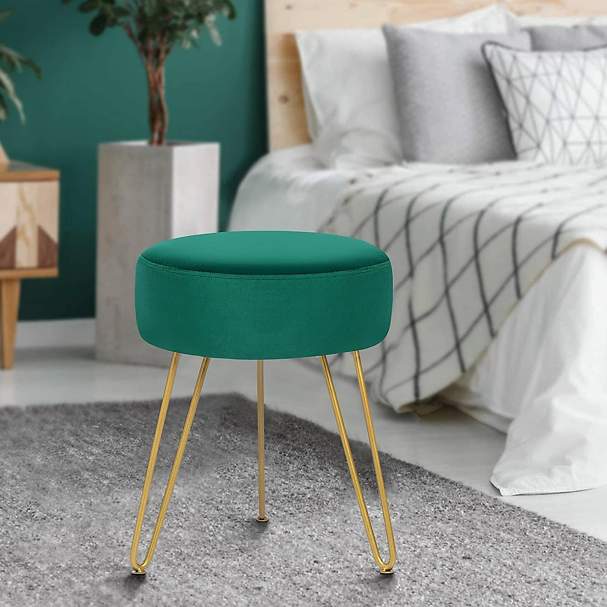 GERANT Multifunctional Vanity Stools - Velvet Round Ottoman Modern Dressing Stool -Upholstered Footrest Stool - Side Table Footstool with Golden Metal Leg for Living Room, Bedroom (Teal)