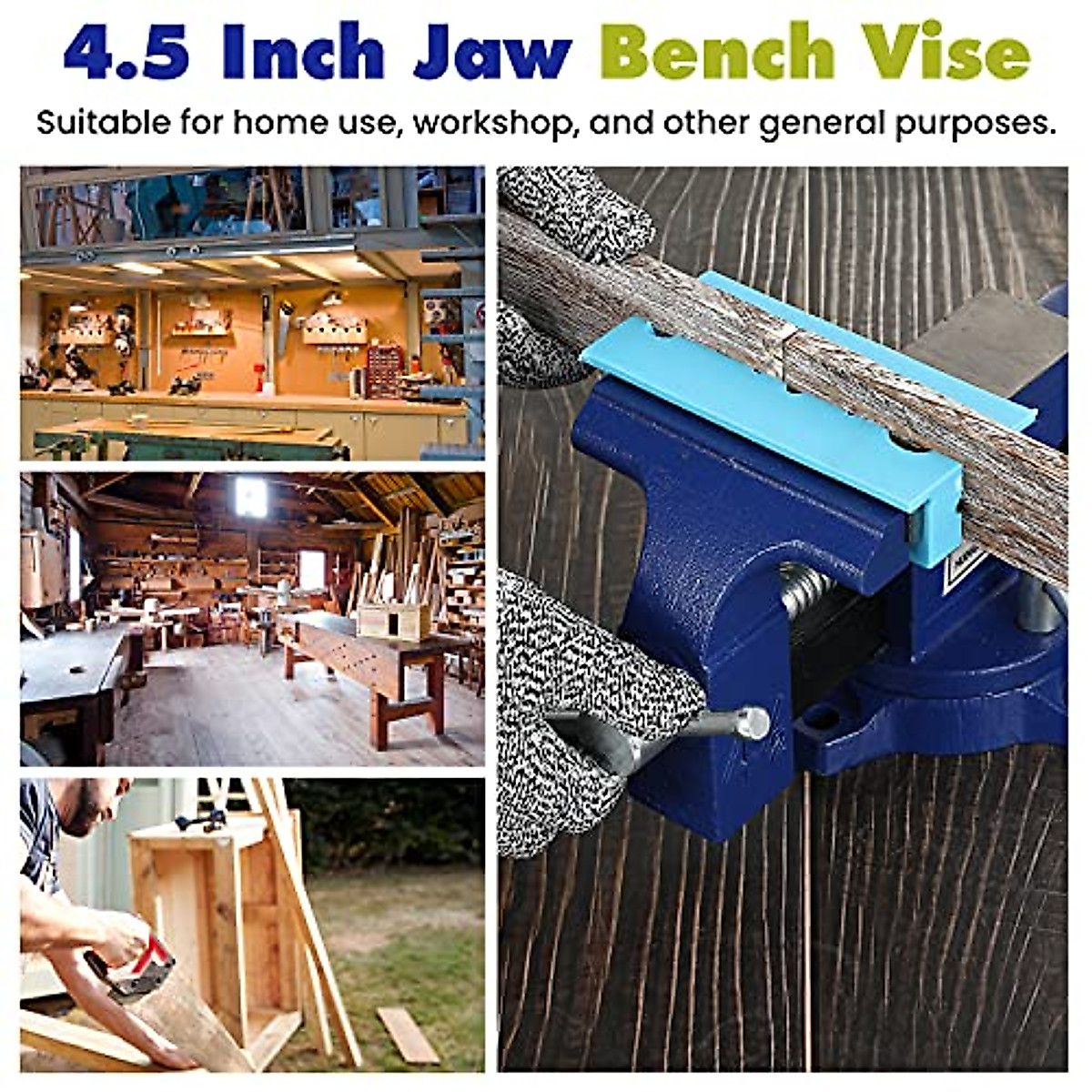 Nuovoware Heavy Duty Bench Vise 4.5 Inch, 240° Swivel Locking Base Bench Clamp with 125mm Vise Jaw, Clamp-on Home Merchanic Vice Desktop Clamp for Woodworking, Drilling, Cutting Conduit -Blue + Blue