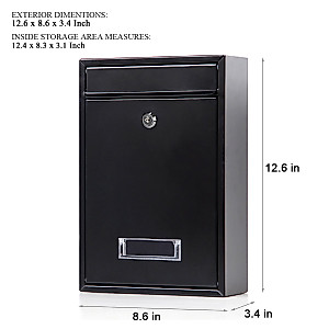 Locking Mailboxes Wall Mounted Vertical – Jssmst Key Lock Drop Mail Box Medium Capacity Galvanized Steel Cover Rust-Proof Metal Post Box, 12.6 x 8.5 x 3.4 Inch, Black, SM-0601L