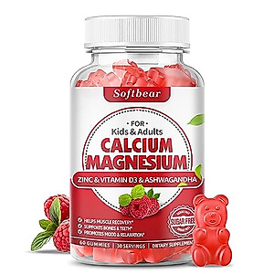 Calcium Magnesium Zinc Gummies, Sugar Free Calcium Supplement for Women Men, High Absorption Calcium with Vitamin D3 Gummies for Bone & Muscle & Nerve Health, Vegan Raspberry Flavor - 60 Count