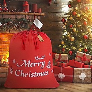 HRX Package Large Cotton Christmas Bag, 32x28 inch Fabric Drawstring Santa Sack, Reusable Cloth Wrapping Bag with Gift Tag for Xmas Presents