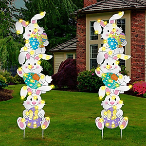 2 Sets Tumbling Bunnies Yard Stakes 43.3 Inch Outdoor Easter Decorations Corrugated Plastic Funny Easter Yard Signs with 2 Warm LED String Lights 6 Stakes for Easter Outdoor Lawn Garden Decorations