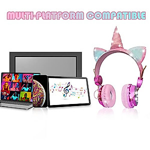 Unicorn Wireless Headphones for Kids,Cat Ear Bluetooth 5.0 Over Ear Headphones with Microphone for Cellphone/iPad/Laptop/PC/TV/PS4/Xbox One, Foldable Gaming Headset for Girls Teens Gift (Purple)