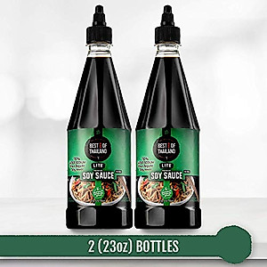 Best Of Thailand Premium Lite Soy Sauce Low Sodium | 2 Bottles of Lite Soy Sauce 23.65oz Real Authentic Asian-Brewed Marinade for Marinating Fish, Meat & Roasted Vegetables | 75% Less sodium