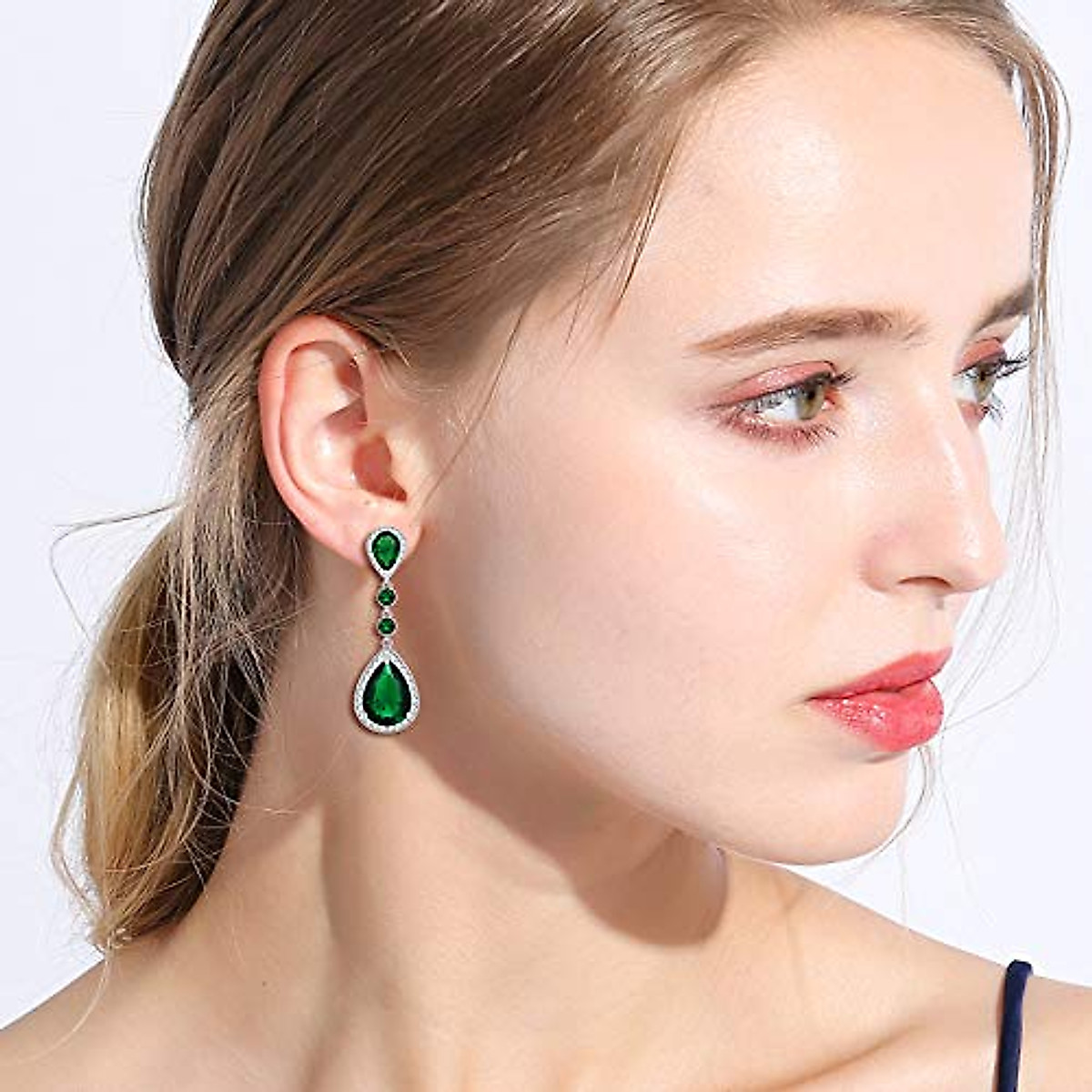 EleQueen Women's Silver-tone Cubic Zirconia Teardrop Bridal Dangle Earrings Emerald Color