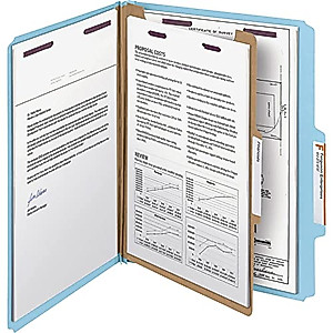 Smead Pressboard Classification File Folder with SafeSHIELD Fasteners, 1 Divider, 2" Expansion, Letter Size, Blue, 10 per Box (13730)