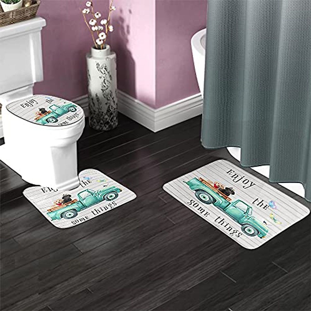 WONDERTIFY Turquoise Truck Bathroom Antiskid Pad Old Car Two Standing Labrador Puppy Dogs 3 Pieces Bathroom Rugs Set, Bath Mat+Contour+Toilet Lid Cover Brown Black