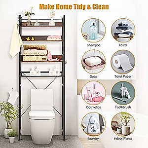 Devo Over The Toilet Storage, 4-Tier Bathroom Organizer, Wooden Bathroom Storage Shelf, with 8 Hooks and Toilet Paper Hook for Laundry, Balcony, Porch, Kitchen (Rustic Brown 2)