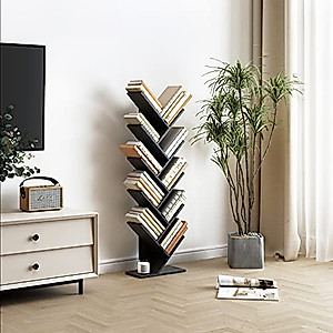 Hoctieon 10 Tier Tree Bookshelf, 10 Shelf Bookcase, Free Standing Tree Bookcase, Display Floor Standing Shelf for Books, Book Organizer Shelves for Home Office, Living Room, Bedroom, Black
