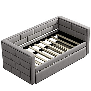 YuiHome Twin Upholstered Daybed with Trundle, Wooden Daybed Sofa Bed Frame with Padded Back, Twin Captain’s Bed for Living Room Bedroom,Gray