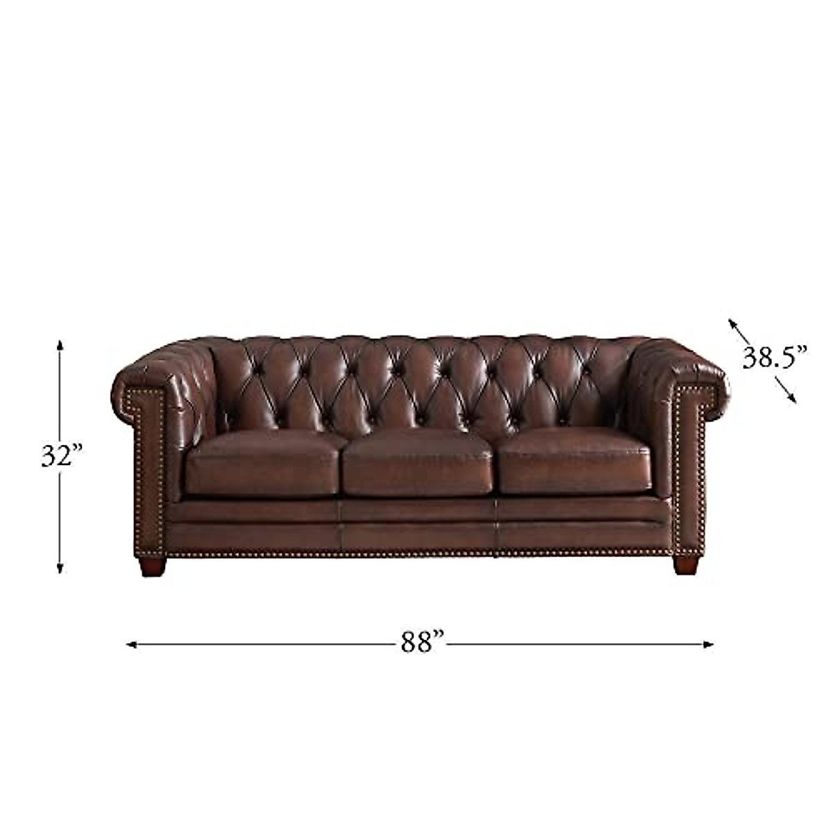 Hydeline Stanwood Top Grain Leather Sofa Couch, 89'', Caramel Brown