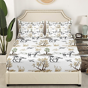 Wild Horse Fitted Sheet Queen Size Western Jungle Tree and Duck Sketch Bedding Set 3Pcs Southwest Farmhouse Animals Bed Sheet Cowboys Rustic Deep Pocket Sheet for Kids Boys Girls Adult Room Decor