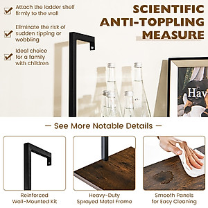 Tangkula 5-Tier Bookshelf, Modern Wall Mounted Ladder Shelf, 5 Tiers Wood Wall Open Bookcase with Metal Frame, Home Office Display Storage Shelves for Collection, Plant Flower Stand (1, Brown)