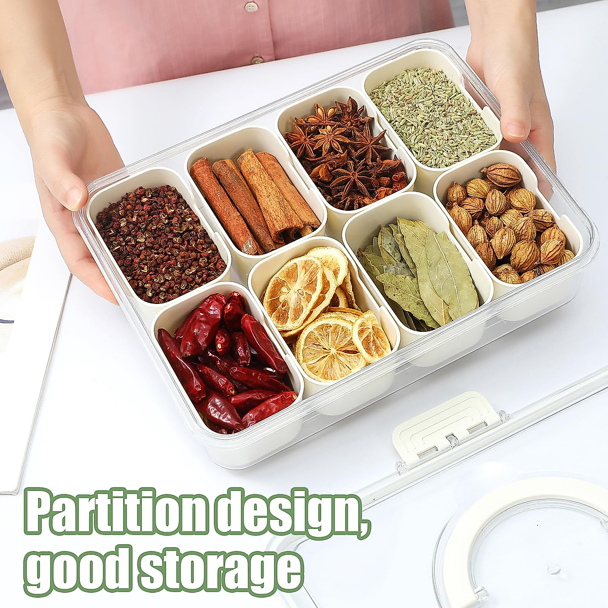 Divided Serving Tray with Lid and Handle, Snack Containers Travel Snackle Box Clear Organizer Food Storage Fresh-keeping Box for Candy Fruits Nuts Snacks, (1 Pack with 8 compartments)