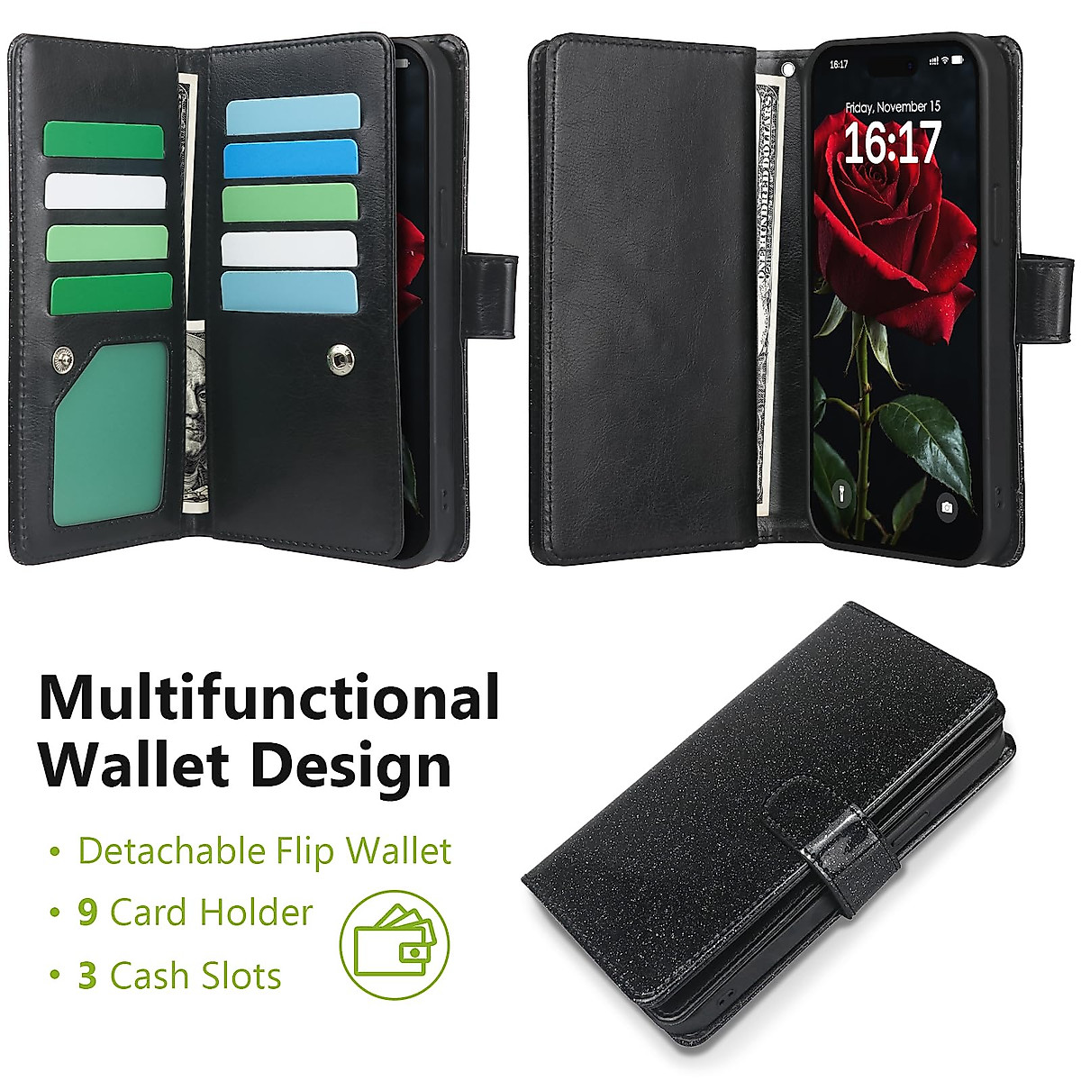 Varikke for iPhone 15 Pro Max Wallet Case Detachable with Card Holder for Women, Fashion Glitter PU Leather Strap Magnetic Flip Wallet Removable Phone Case Cover for iPhone 15 Pro Max 6.7", Black