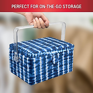 SINGER Large Sewing Basket with Notions & Matching Pin Cushion | Sewing Kit & Storage with Scissors, Tape Measure, Thread, & More (Blue Tie Dye)