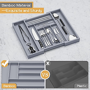 Chubangshou Utensil Organizer Silverware Holder, Adjustable Kitchen Drawer Organizer for Large Utensils, Bamboo Cutlery Organizer in Drawer (Black)