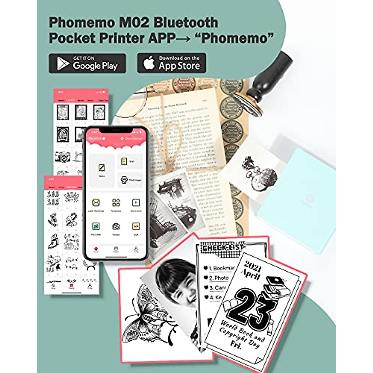 Phomemo Label Maker -M02 Pocket Printer Thermal Bluetooth Sticker Maker with 3 Rolls Paper, for DIY Creation, Study Notes, Memo, List, Work Plan, Gift, Cyan