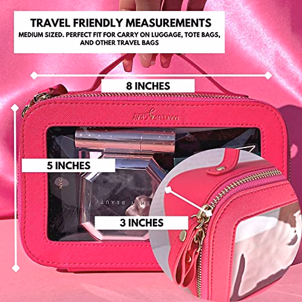 Makeup by Gray TSA Approved Toiletry Bag for Women, Clear Makeup Bag, Heavy Duty Cosmetic Bag for Traveling- Water Resistant, Luxury Vegan Leather (Hot Pink)
