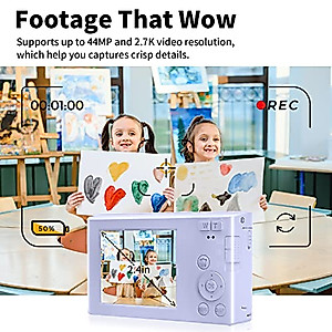 Digital Camera 4K 44MP Compact Point and Shoot Camera with 16X Digital Zoom 32GB SD Card,Kids Camera 2.4 Inch, Vlogging Camera for Teens Students Boys Girls Seniors(Purple2)