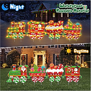 DONSAJI Christmas Train Yard Signs with 200 LED Lights - Xmas Tree Santa Gingerbread Snowman Train Set Lawn Signs with Metal Stakes for Holiday Lawn Garden Yard Outdoor Christmas Decorations, 4 Pack