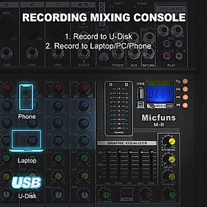 DJ Console Mixer Micfuns 8 Channel with Sound Board USB Bluetooth Audio Interface 48V Phantom Power Mixer Use for DJ Studio PC Recording Singing Webcast Party
