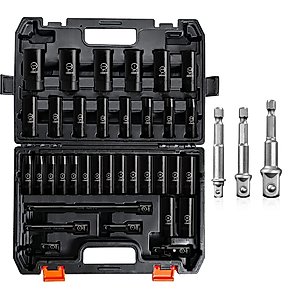 BOEN 38 Piece Set, Including 1/2" Drive Deep Impact Socket with Durable Case, 1/4", 3/8", 1/2" Size Impact Grade Socket Adapter Set with Bit Holder, 6 Point Design