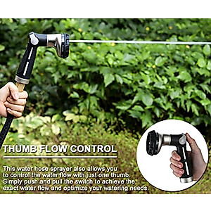 ESOW Garden Hose Nozzle 100% Heavy Duty Metal, Water Hose Sprayer with 8 Watering Patterns, Thumb Control On Off Valve, High Pressure Nozzle Sprayer for Watering Plants, Car and Pet Washing, Black