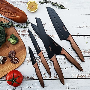 hecef Vintage Kitchen Knife Set, Stainless Steel Non-stick Black Coated Knives with Extra Sheaths, Includes 8'' Chef Knife, 8'' Bread Knife, 7'' Santoku Knife, 5''Utility Knife and 3.5'' Paring Knife