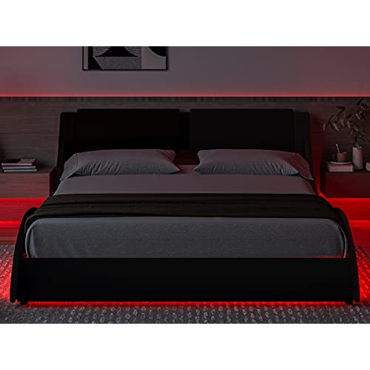 Queen Upholstered Bed Frame with LED Lights Underneath Modern Faux Leather Led Bed Frame Wave Like Curve Low Profile Platform Bed Frame with Headboard,Strong Wood Slats Support,Easy Assembly,Black