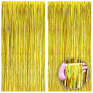 KatchOn, Holographic Gold Fringe Curtain Backdrop - XtraLarge, 6.4x8 Feet Pack of 2 | Holographic Gold Foil Curtain, Gold Streamers Party Decorations | Gold Backdrop, New Years Eve Party Supplies 2024