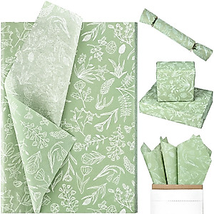 100 Sheets Sage Green Wildflowers Tissue Paper Green White Floral Printed Tissue Paper Botanical Decorative Tissue Paper for Green Boho Themed Baby Shower Wedding Birthday DIY Craft