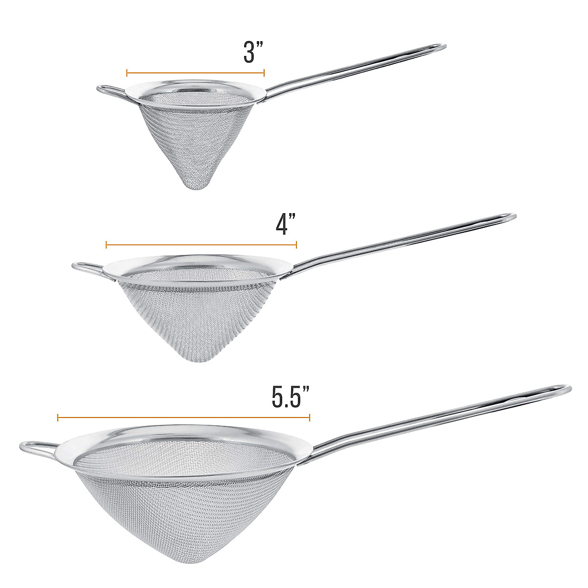 U.S. Kitchen Supply - Set of 3 Premium Quality Extra Fine Twill Mesh Stainless Steel Conical Strainers - 3", 4" and 5.5" Sizes - Chinois to Sift, Strain, Drain and Rinse Vegetables, Pastas & Teas
