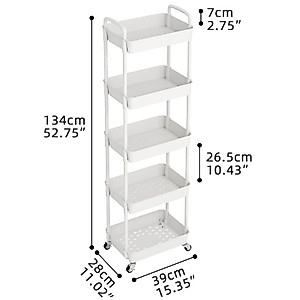 JIUYOTREE 5-Tier Rolling Storage Cart Utility Cart with Lockable Wheels for Living Room Bathroom Kitchen Office White