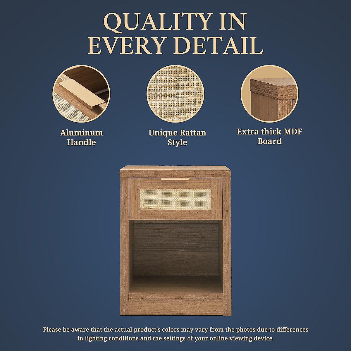 OAKHAM HOME Nightstand Set of 2, Rattan Night Stand with Type-C Charging Station, Bedside Table with Drawer, Boho Bed Side Table End Table Accent Table for Bedroom Living Room (Weathered Oak)