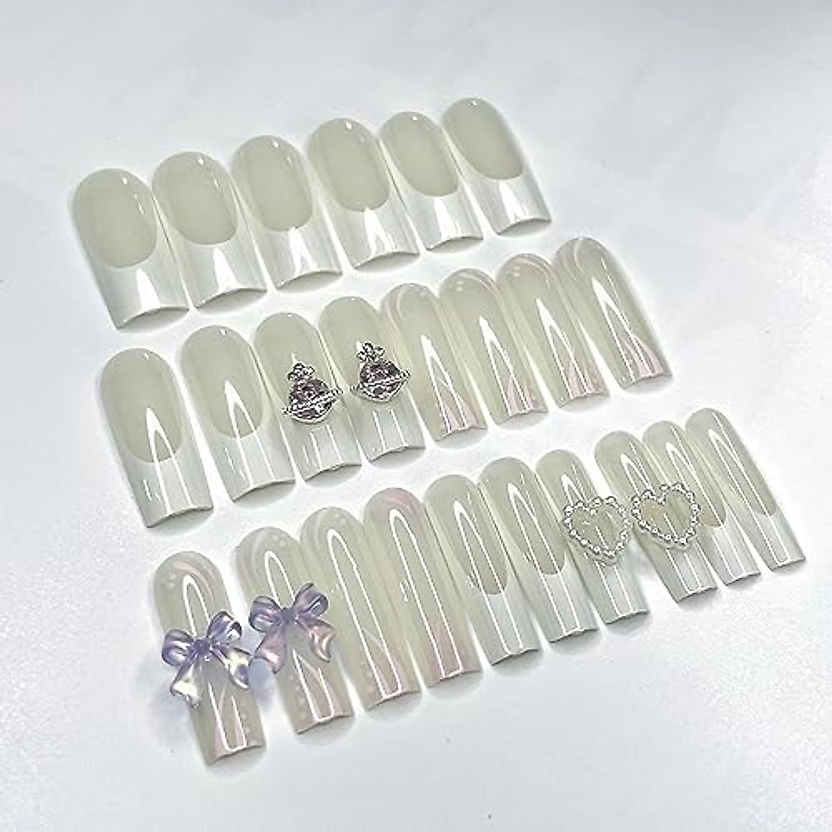 MISUD Long Square Press on Nails Squoval Fake Nails Glossy Glue on Nails White French Tip Acrylic Nails Saturn Rhinestone Arificial Nails 3D Bow False Nails with Design 24 pcs