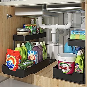 REALINN Under Sink Organizers and Storage, 2 Pack Slide out Kitchen Under Sink Storage Rack, Bathroom Cabinet Organizer Baskets