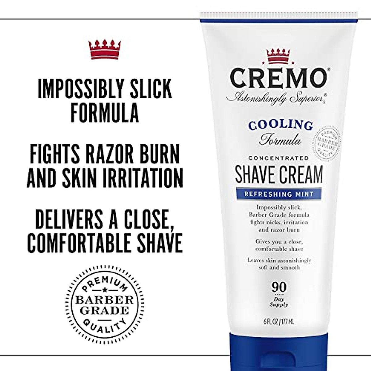 Cremo Barber Grade Cooling Shave Cream, Astonishingly Superior Ultra-Slick Shaving Cream for Men, Fights Nicks, Cuts and Razor Burn, 6 Fl Oz