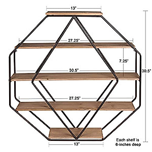 Kate and Laurel Lintz Large Octagon Shaped Floating Wood Book Shelves for Decorative Wall Display, Black Metal Frame with Rustic Brown Shelves