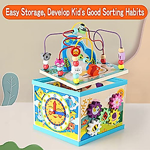 Qilay Wooden Activity Cube for Toddlers 1-3 (Large), 5 in 1 Multipurpose ABC-123 Abacus Bead Maze Shape Sorter | Early Educational Toy for Toddlers - First Birthday Present for Boys Girls