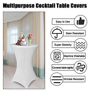 SUNTQ 4 Pack Spandex Table Covers, Cocktail Fitted Tablecloths, Round Highboy Stretch Table Cloths for Party, Wedding, Birthday, Banquet, Vendors,Bistro Table,White,32x43 Height