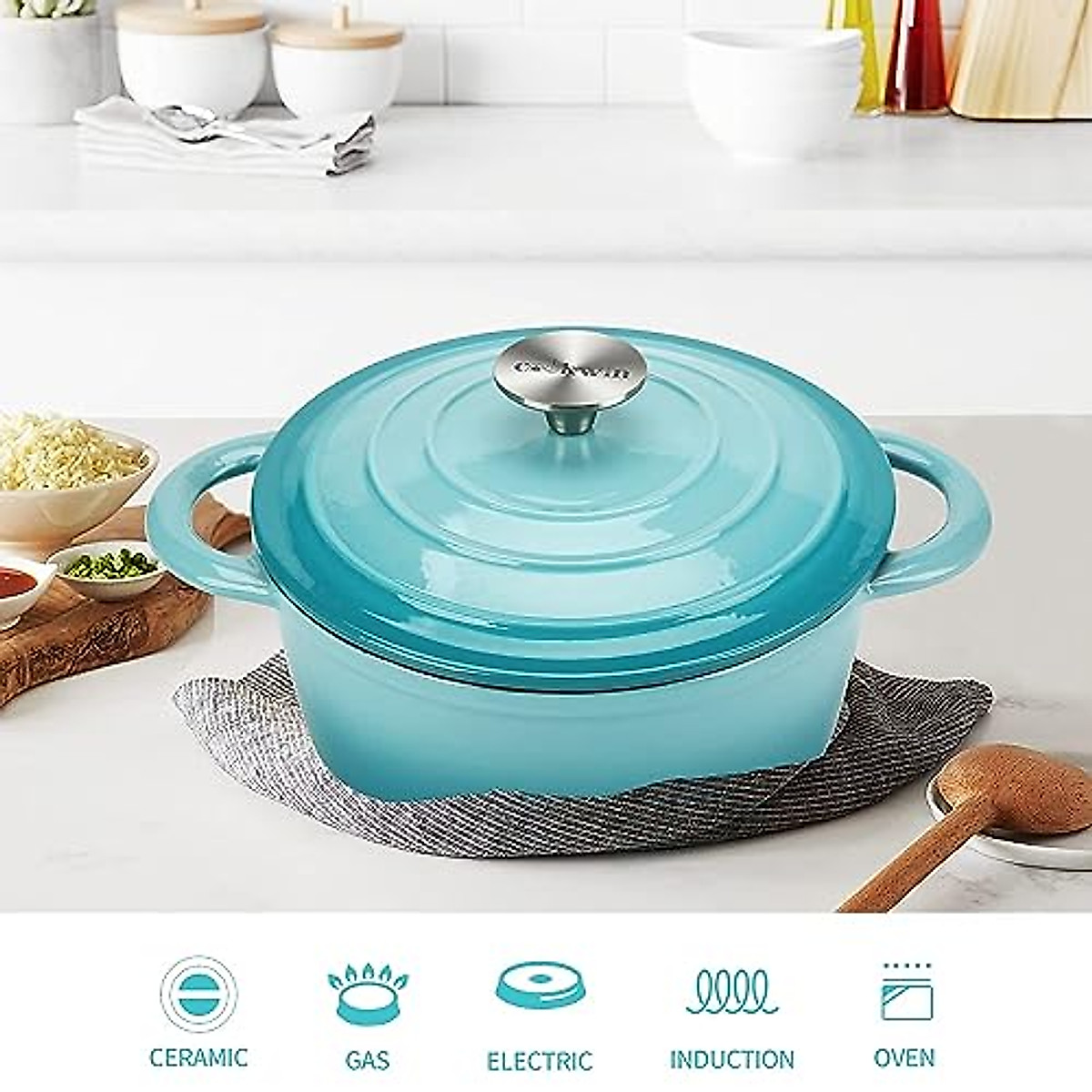 COOKWIN Enameled Cast Iron Dutch Oven, 5 QT Bread Baking Pot with Self Basting Lid, Non-stick Enamel Coated Cookware Pot, Great Christmas Gifts for Family, Teal