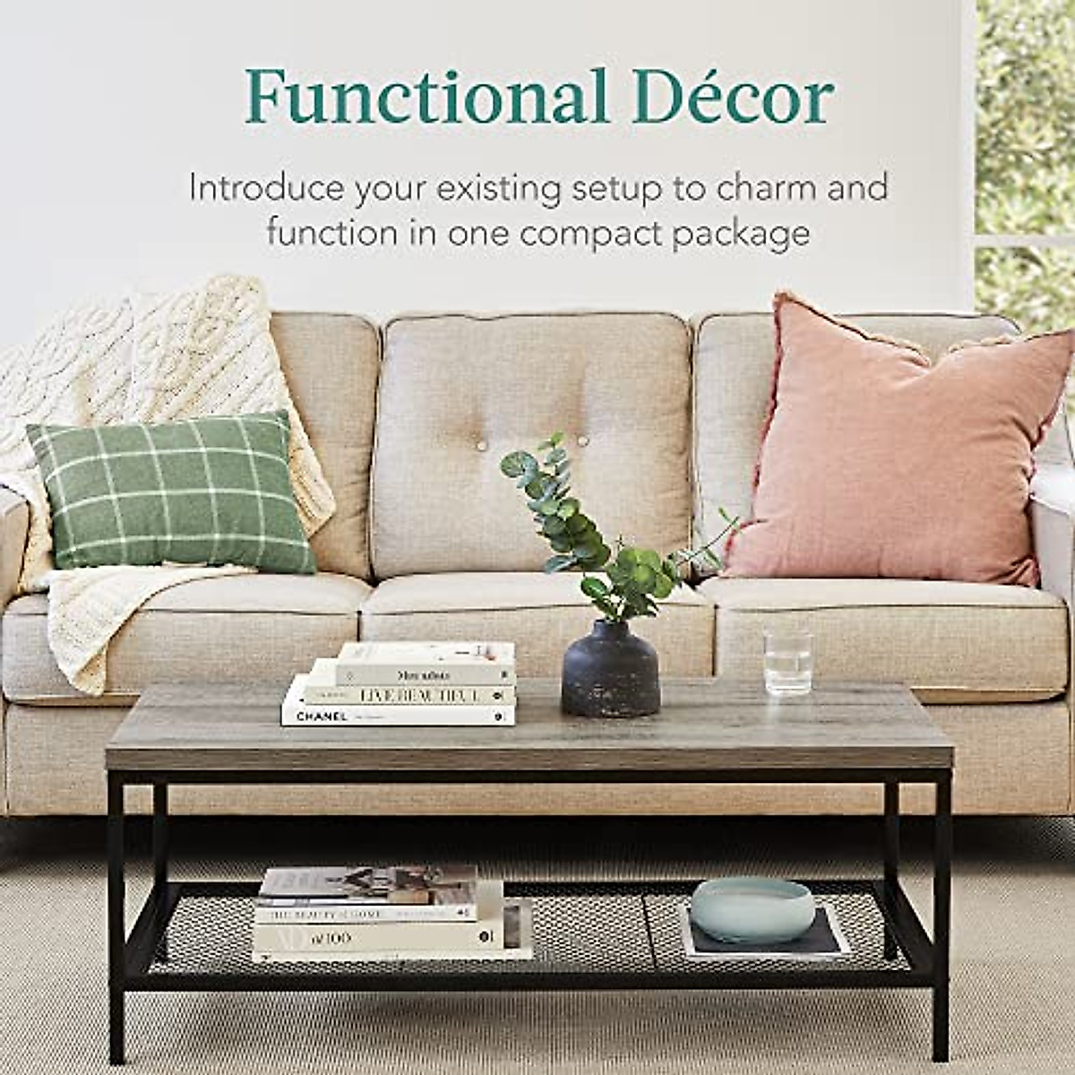 Best Choice Products 44in Modern Coffee Table, Large 2-Tier Industrial Rectangular Wood Grain Top Coffee Table, Accent Furniture for Living Room w/Mesh Shelf, Metal Frame - Gray