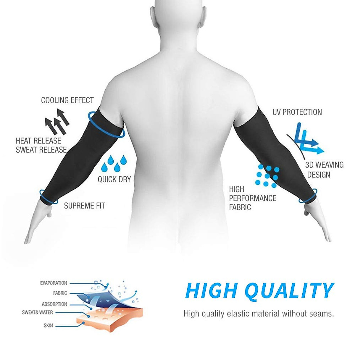 Eutuxia UV Sun Protection Compression Cooling Arm Sleeves, 2 Pairs, Men & Women, Anti-Slip, Ideal for All Hiking Running Football Basketball Sports, Outdoor Activities & Indoor, Black