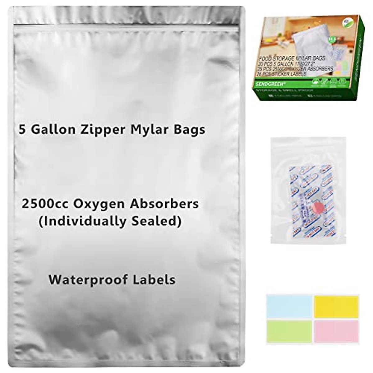 5 Gallon Mylar Bags with Oxygen Absorbers for Food Storage (20 Pack) Big Mylar Bags for Food Storage with 25 Single Sealed 2500CC Oxygen Absorbers & Labels Total 10.5 Mil Zipper Pouches SENDGREEN…