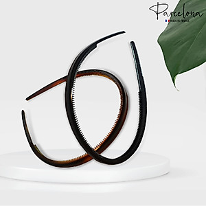 Parcelona French Thin Set of 2 Tortoise Shell Brown and Black Comb Hair Headbands with Inner Teeth Nibs