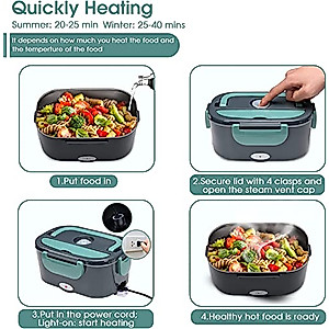 SYFTANT1MU Electric Lunch Box- 110V/12V/24V Portable Food Heater for Car/Office/School, 1.5L Stainless Steel Removable Container, Spoon and Carry Bag, 60W Lunch Box… (green 2)