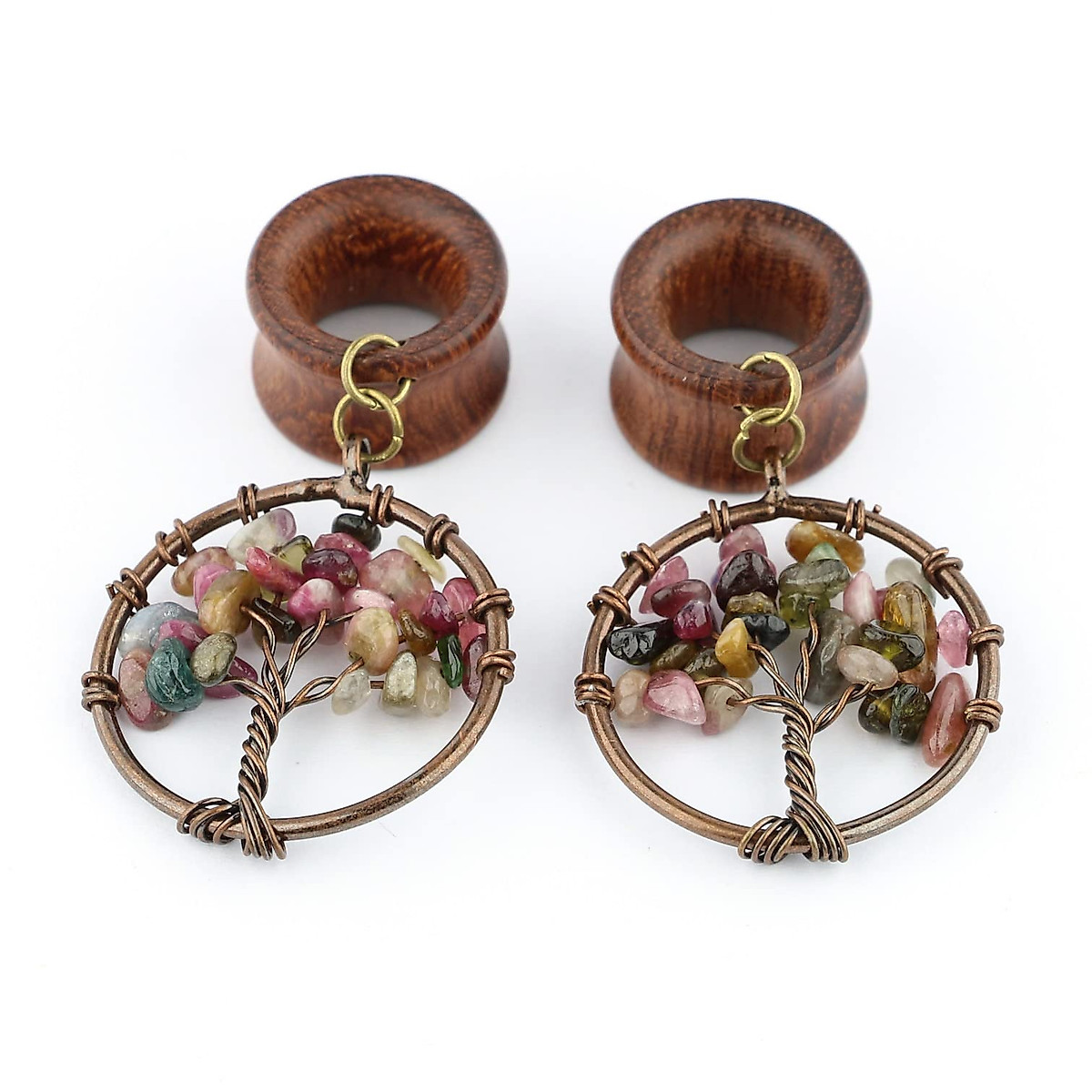 0G 8mm Multicolor Tourmaline Tree of Life Wood Dangle Ear Gauges Piercing Flesh Tunnels Plugs Stretching Kit Expander
