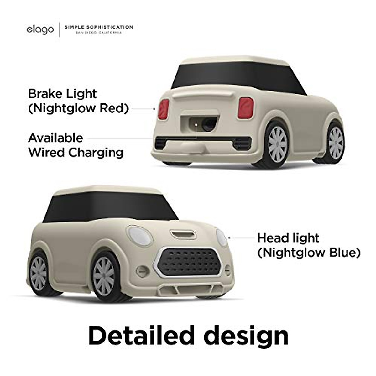 elago Mini Car AirPods Case with Keychain Compatible with AirPods 1 and Compatible with AirPods 2 [Headlights and Taillights Glow in The Dark] [Patent Registered] [Classic White]